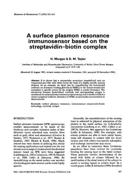 Pdf A Surface Plasmon Resonance Immunosensor Based On The Streptavidin Biotin Complex