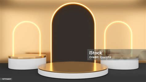 네온 라이트가 있는 검은 색 배경의 화이트 받침대 골드 소재 제품 프레젠테이션을 위한 포디움 모의 3d 렌더링 금 금속에 대한 스톡 사진 및 기타 이미지 Istock