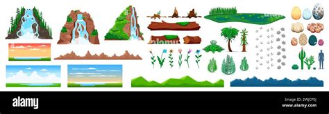 Dinosaur Jurassic Era Environment Game Assets Vector Waterfall Cascade