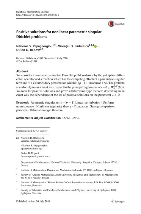 Pdf Positive Solutions For Nonlinear Parametric Singular Dirichlet