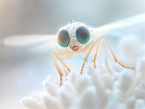 Close Up Of Tiny White Fly With Colorful Eyes On Floral Surface Stock Illustration
