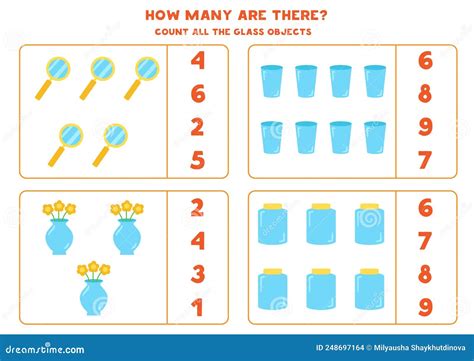 Counting Game With Cartoon Glass Objects Educational Worksheet Stock