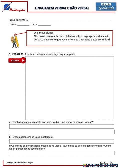 Linguagem Verbal E Não Verbal Interactive Activity Live Worksheets