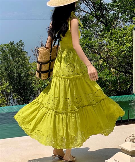 포앤바이앤 ★휴가룩 추천★ 리본 나시 스모크 밴딩 면 아일렛 자수 캉캉 티어드 그린 롱 뷔스티에 원피스 긴원피스 여름 나들이룩 해외여행 바캉스 동남아 하와이 휴양지 비치