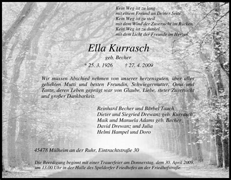 Traueranzeigen Von Ella Kurrasch Trauer In Nrw De
