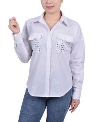 Ny Collection Petite Long Sleeve Hidden Placket Blouse With Studs Macys
