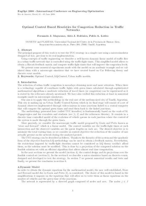 Pdf Optimal Control Based Heuristics For Congestion Reduction In Traffic Networks