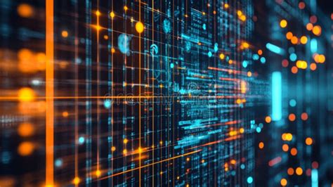 Abstract Digital Data Flow With Bright Blue And Orange Lights Stock