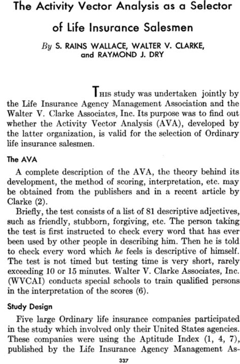 The Activity Vector Analysis As A Selector Of Life Insurance Salesmen