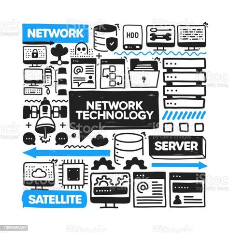 네트워크 기술 개체 및 요소 벡터 낙서 일러스트 컬렉션입니다 손으로 그린 아이콘 세트 또는 배너 템플릿 낙서 드로잉에 대한 스톡 벡터 아트 및 기타 이미지 Istock