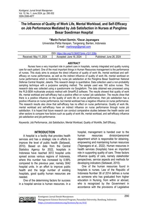 Pdf The Influence Of Quality Of Work Life Mental Workload And Self Efficacy On Job