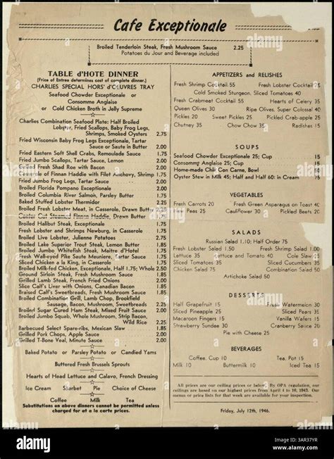A Menu From Charlies Cafe Exceptionale In 1946 Listing A Variety Of