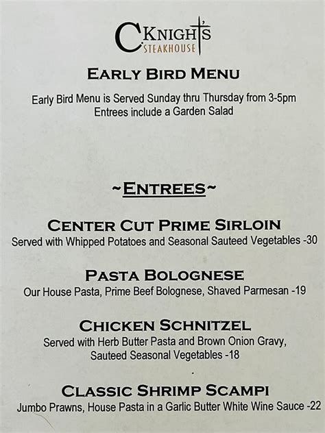 Menu C Knights Steakhouse El Dorado Hills United States