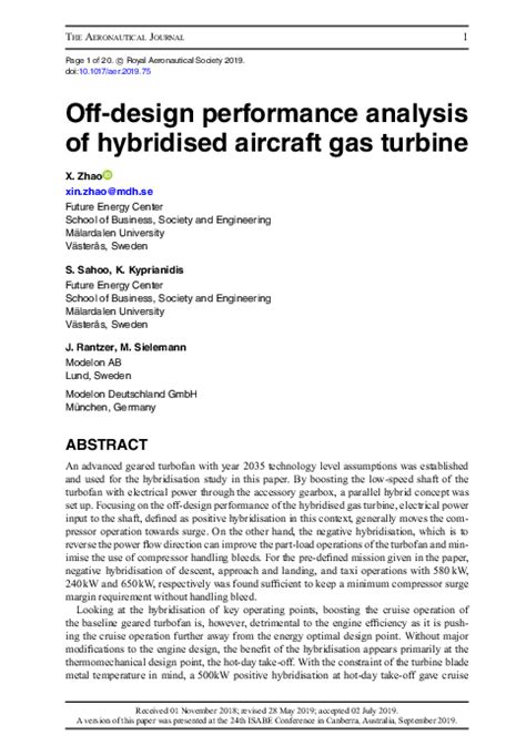 Pdf Off Design Performance Analysis Of Hybridised Aircraft Gas Turbine