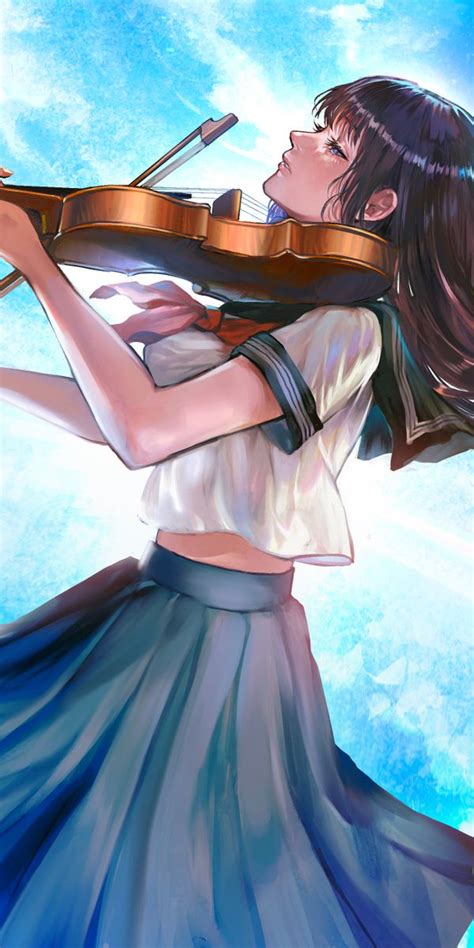 Завантажити шпалери на робочий стіл ПК Аніме Дівчина Шкільна Форма Скрипка безкоштовно