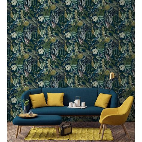 Jungle Fever Amazon Black / Blue Wallpaper | Grandeco Life