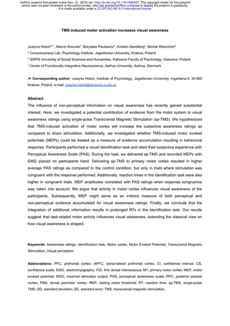 Pdf Tms Induced Motor Activation Increases Visual Awareness