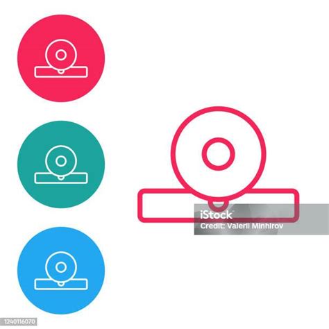 흰색 배경에 격리 된 빨간색 선 이비인후과 머리 반사판 아이콘 환자의 귀 목 코를 검사하기위한 장비 원 버튼으로 아이콘을