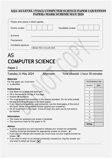 Aqa As Level 75162 Computer Science Paper 2 Question Paper Mark