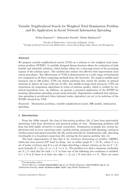 Pdf Variable Neighborhood Search For Weighted Total Domination Problem And Its Application In