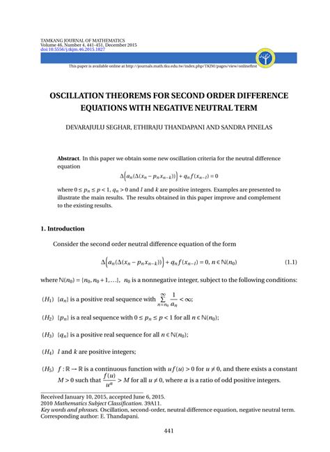 Pdf Oscillation Theorems For Second Order Difference Equations Woth