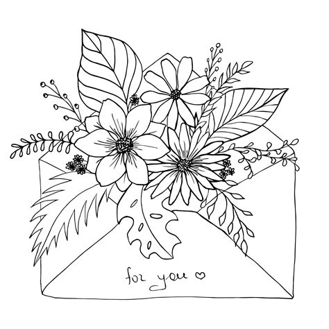 Premium Vector Envelope With Flowers And Leaves Line Drawing