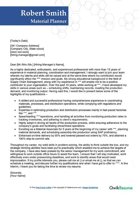 Material Planner Cover Letter Examples Qwikresume