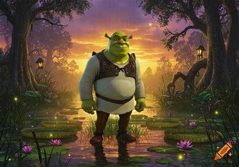 Shrek Stands In A Magical Swamp With Lily Pads And Glowing Fireflies