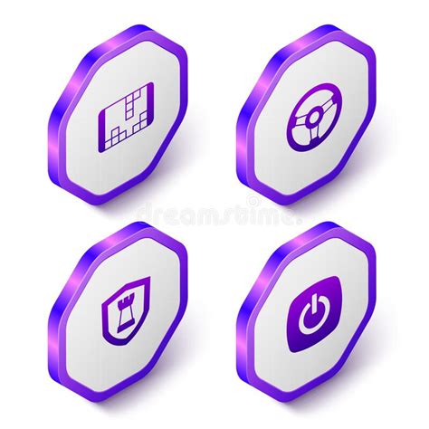 Set Isometric Portable Video Game Console Racing Simulator Chess Shield And Power Button Icon