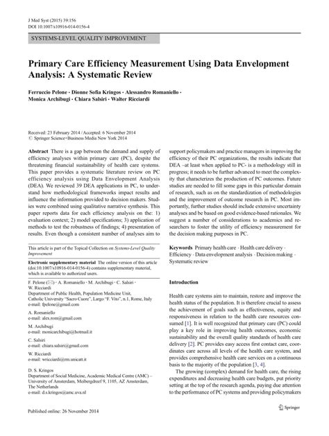 Pdf Primary Care Efficiency Measurement Using Data Envelopment