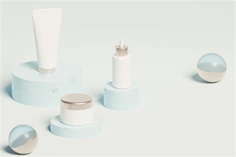 화장품 제품 템플릿 또는 빛나는 연단 파란색 배경 3d 일러스트 렌더링에 대한 광고용 모형 병 튜브 및 항아리 0명에 대한 스톡
