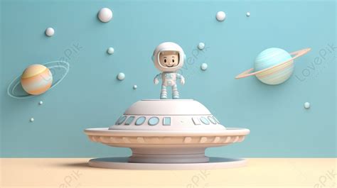 파스텔 배경의 사랑스러운 만화 우주비행사 아이와 Ufo가 있는 연단의 매혹적인 3d 렌더링 사랑 배경 아이 배경 연단 배경