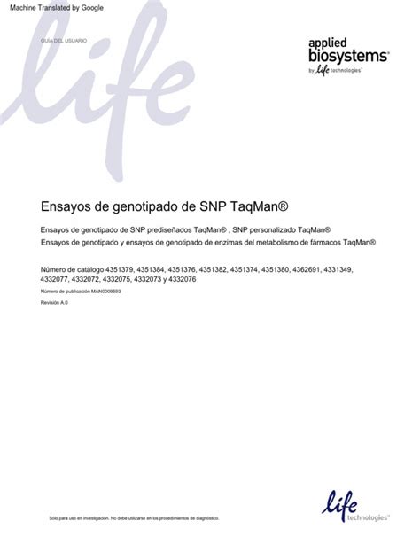 Taqman Snp Genotyping Assays Man Pdf Polimorfismo De Nucleótido Simple Reacción En Cadena