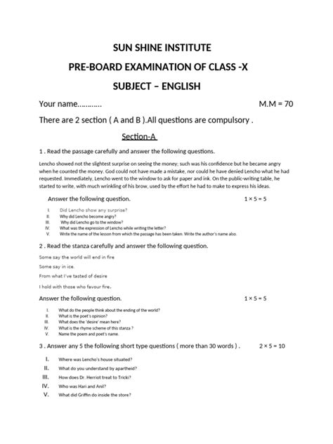 Class 10th Pre Board Examination Papaer Pdf