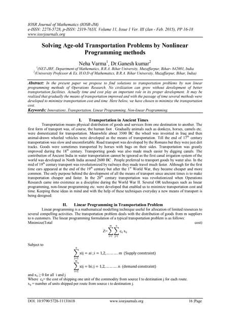 Solving Age Old Transportation Problems By Nonlinear Programming