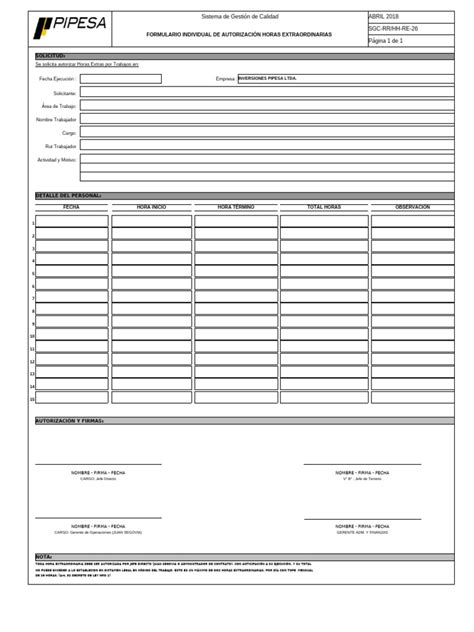 Formulario Individual De Autorización Horas Extraordinarias Sgc Rrhh Re