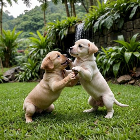 Premium Photo Two Puppies Playing In The Grass With A Waterfall