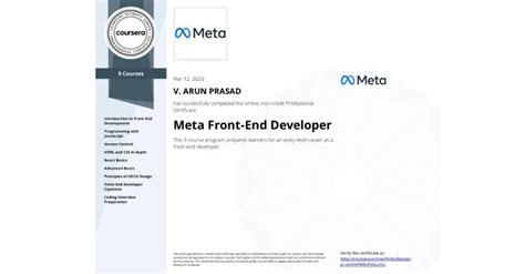 arun prasad on linkedin completion certificate for meta front end