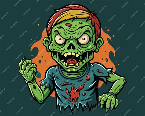 A Cartoon Of A Zombie With A Green Background And A Red Skull On The