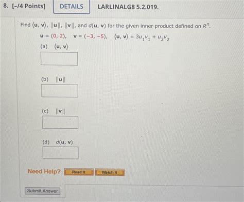 Solved Find U V U V And D U V For The Given Inner Chegg Com