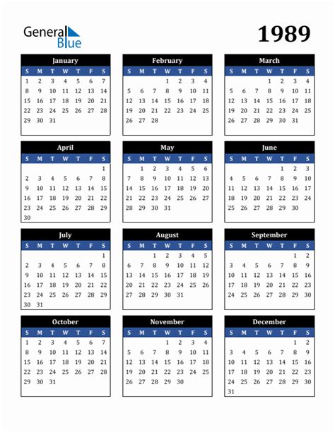 1989 Yearly Calendar