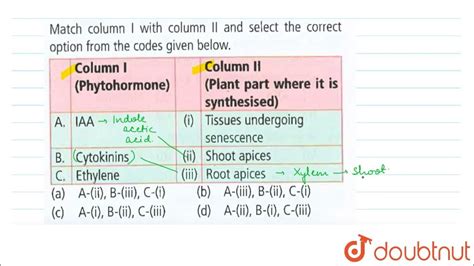 Match Column I With Column Ii And Select The Correct Option From The