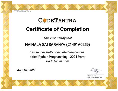 Successfully Completed Python Course In Codetantracodetantra Saranya Nainala