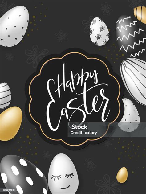 벡터 일러스트 레이 션의 부활절 날 인사말 배너 템플릿 손 글자 레이블행복 한 부활절현실적인 흰색 검은 색과 금색 계란 개념에 대한 스톡 벡터 아트 및 기타 이미지 Istock