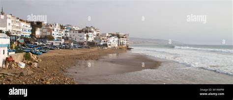 Panorama In Taghazout With Wave Breaking At Panoramas Surf Spot Stock