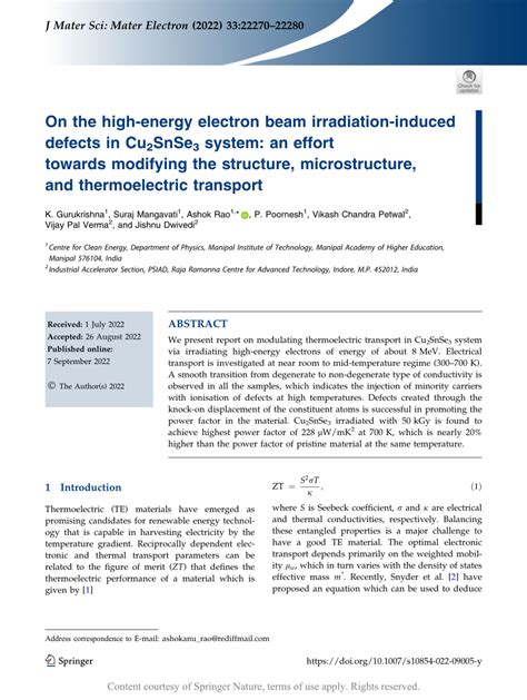 Pdf On The High Energy Electron Beam Irradiation Induced Defects In