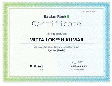 Earned Basics Of Python Certificate From Hackerrank Lokesh Kumar