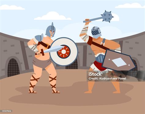 고대 검투사의 장면배너싸움 만화 벡터 일러스트레이션 Empire에 대한 스톡 벡터 아트 및 기타 이미지 Empire 검 검투사 Istock