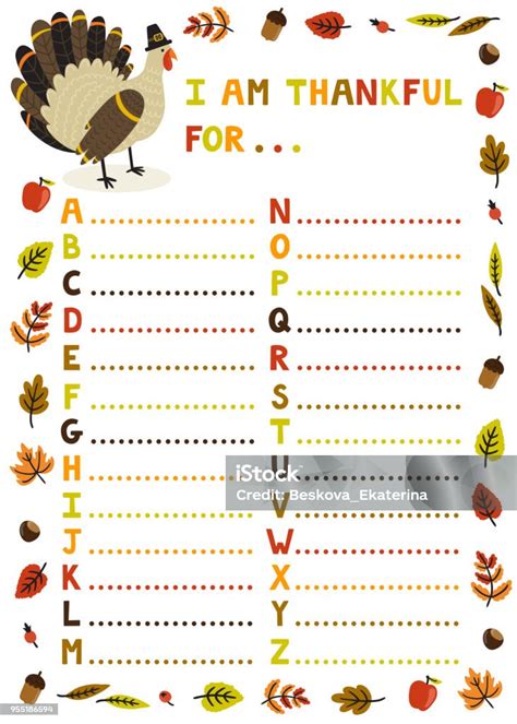 추수 감사절 Abc 시트와 벡터 일러스트입니다 가 프레임 개념 배경 나뭇잎 순례자의 모자 영어 편지와 텍스트에 귀여운 터키 에 대 한 감사 유치 한 휴일 카드입니다 낙서