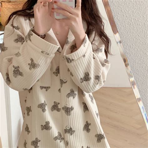 곰돌이 누빔 잠옷 겨울 긴팔 순면 빅사이즈 수면 우정 커플 파자마 투피스 실내복